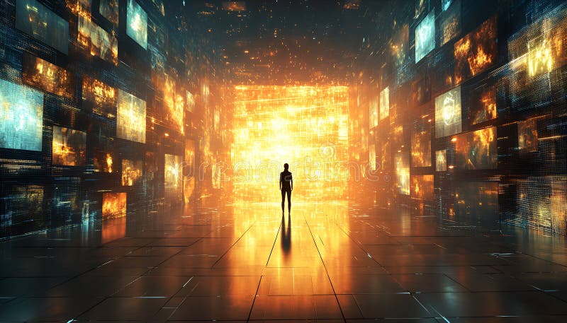 Man Facing a Wall of Glowing Images Representing Big Data. Concept of ...