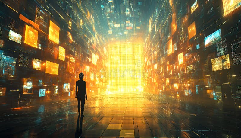 Man Facing a Wall of Glowing Images Representing Big Data. Concept of ...