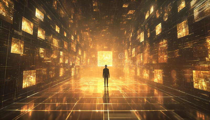 Man Facing a Wall of Glowing Images Representing Big Data. Concept of ...