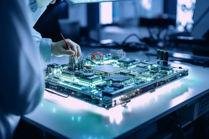 A Man in a Factory Assembles and Tests an Electronic Board. Modern ...