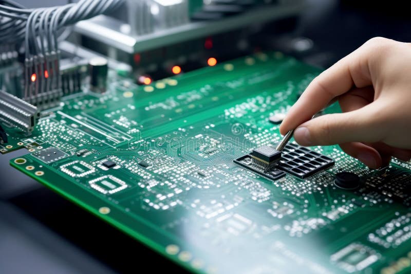 A Man in a Factory Assembles and Tests an Electronic Board. Modern ...