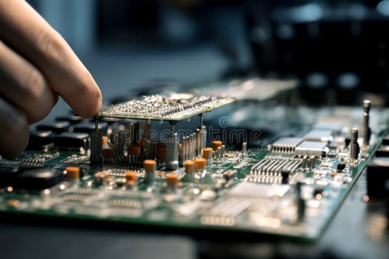 A Man in a Factory Assembles and Tests an Electronic Board. Modern ...