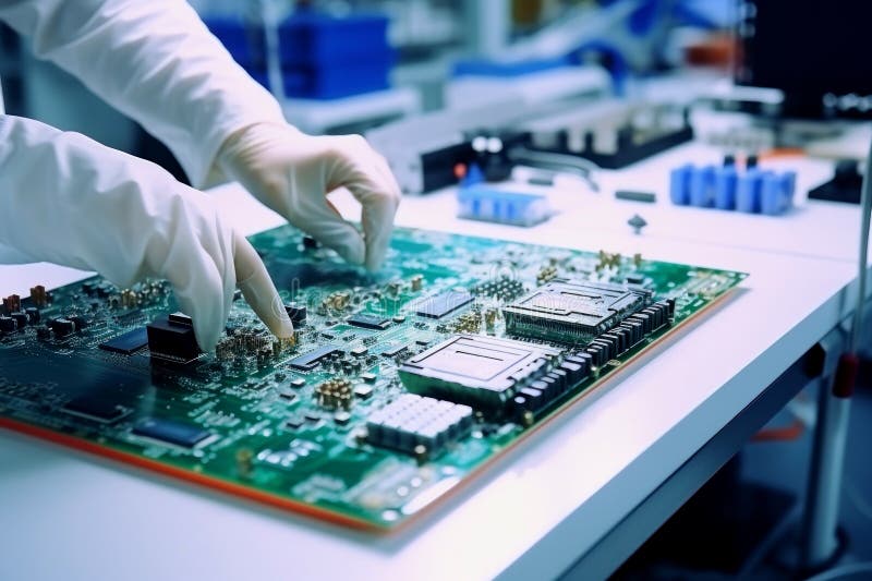 A Man in a Factory Assembles and Tests an Electronic Board. Modern ...