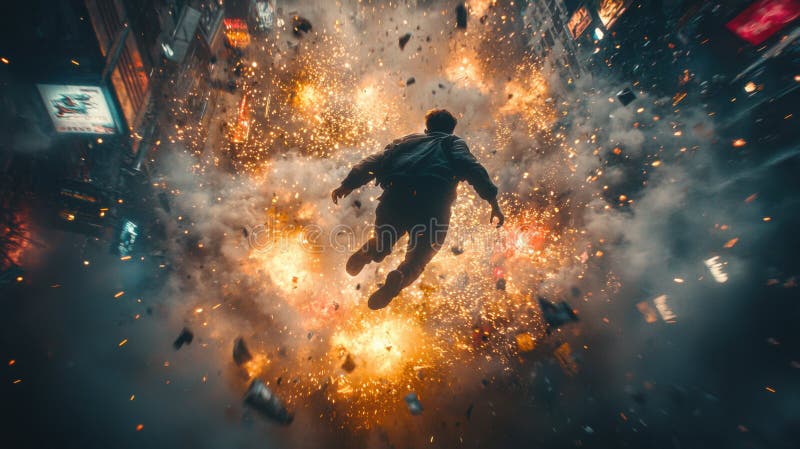 Man Falling through the Air Surrounded by Debris and Smoke Stock ...