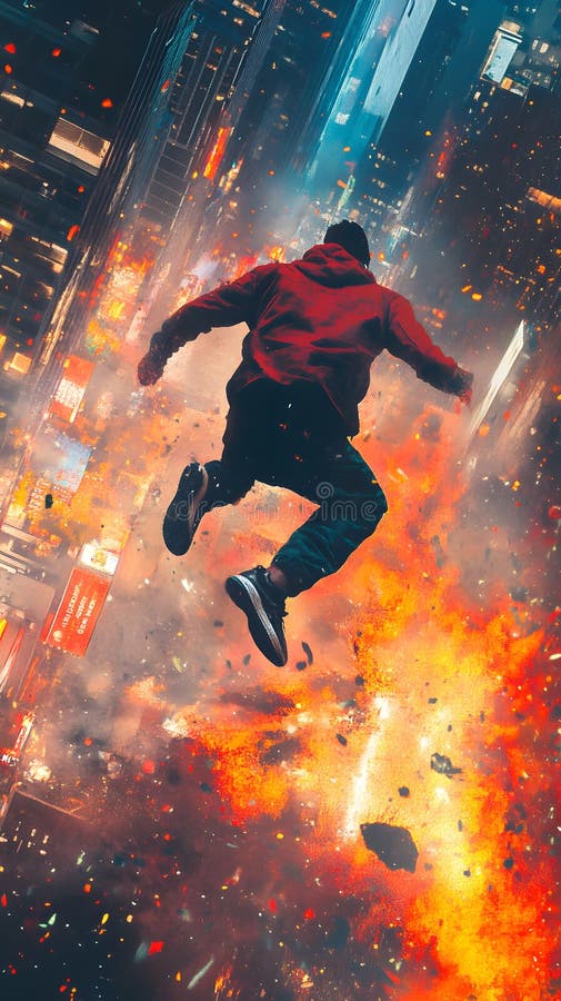 A Man Falling through a Cityscape of Fire and Light Stock Illustration ...
