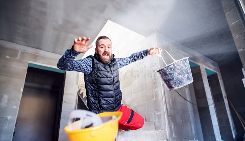 Man Falling Down the Stairs. Accident of a Man Worker at the ...