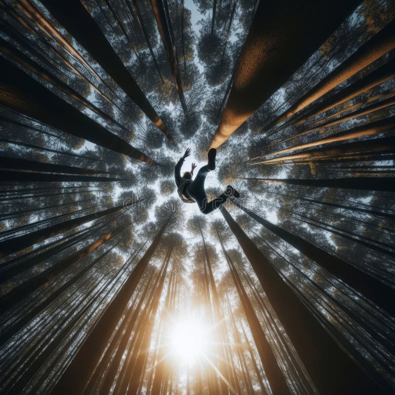 Man Falling in Forest with Sun Flare Stock Photo - Image of outdoor ...