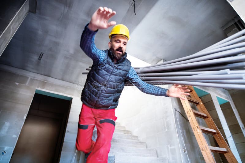 Man Falling Off the Ladder. Accident of a Man Worker at the ...