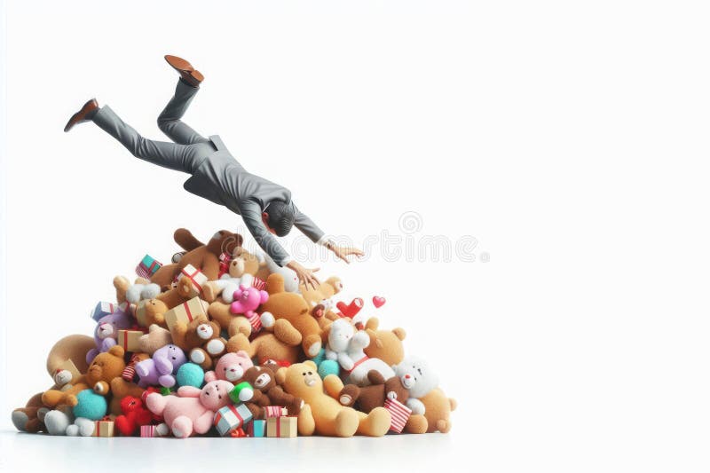 A Man Falls into a Pile of Teddy Bears. Space for Text. Stock Photo ...