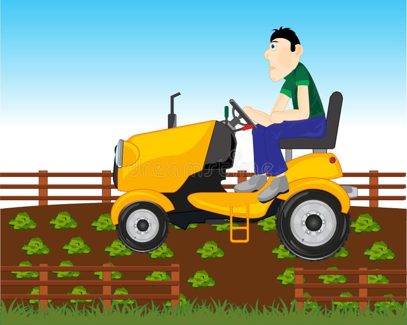 Man Farmer on Garden Tractor in Vegetable Garden Stock Vector ...