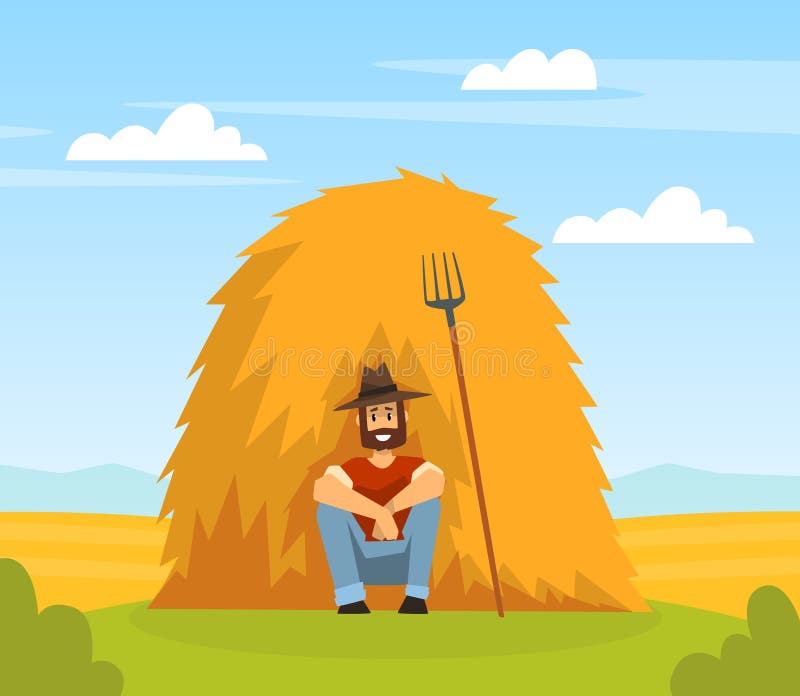 Man Farmer in Hat Sitting Leaning Against Haystack Vector with ...