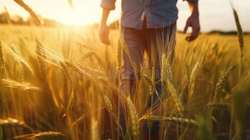 Man Farmer Walks through a Wheat Field at Sunset Touch. Generative AI ...