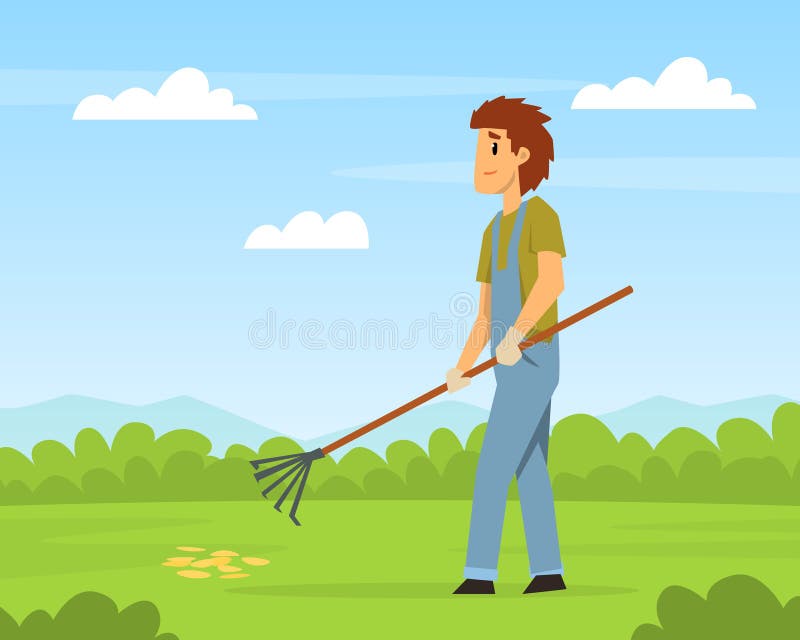 Man Farmer Working with Rake on Field Cartoon Vector Stock Vector ...