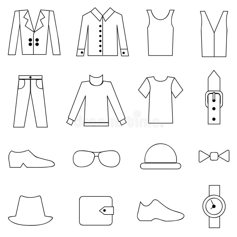 Men Fashion Clothes and Accessories Flat Outline Vector Icons Stock ...