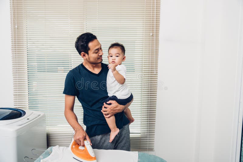 Man Father Ironing Clothes Son and Stock Image - Image of asian ...