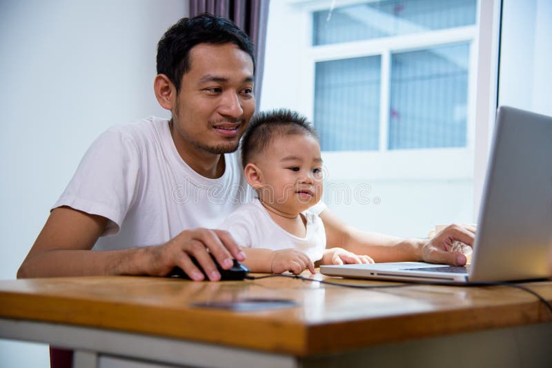 Man Father Using Working on Laptop Computer Stock Image - Image of ...