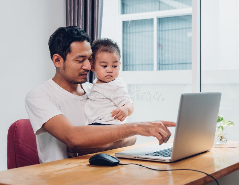 Man Father Using Working on Laptop Computer Stock Image - Image of male ...