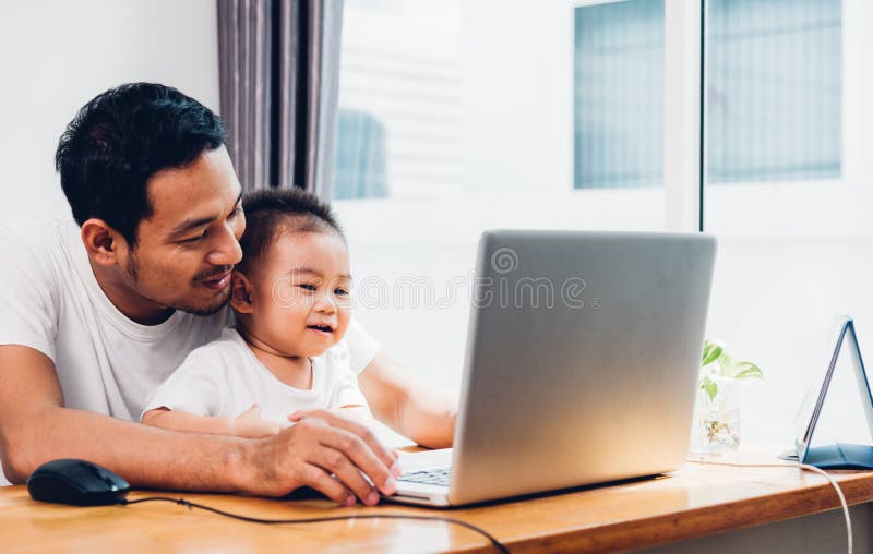 Man Father Using Working on Laptop Computer Stock Image - Image of ...
