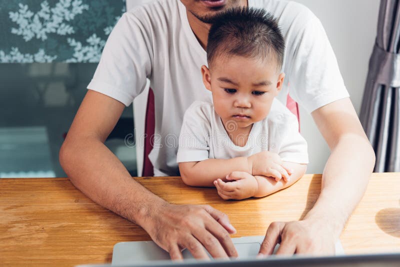 Man Father Using Working on Laptop Computer Stock Image - Image of ...