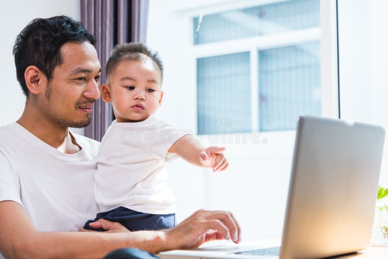 Man Father Using Working on Laptop Computer Stock Image - Image of ...