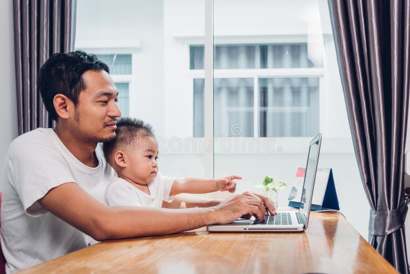 Man Father Using Working on Laptop Computer Stock Image - Image of ...