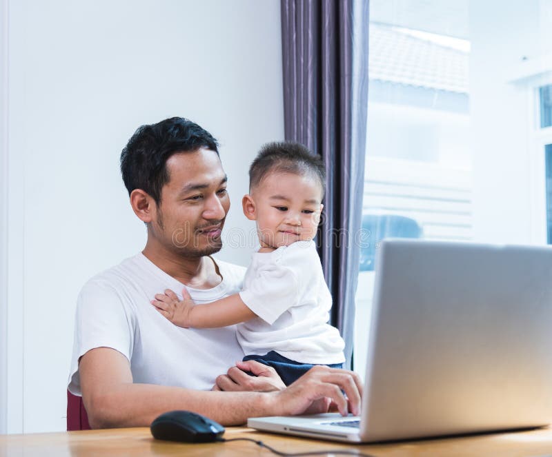 Man Father Using Working on Laptop Computer Stock Photo - Image of ...