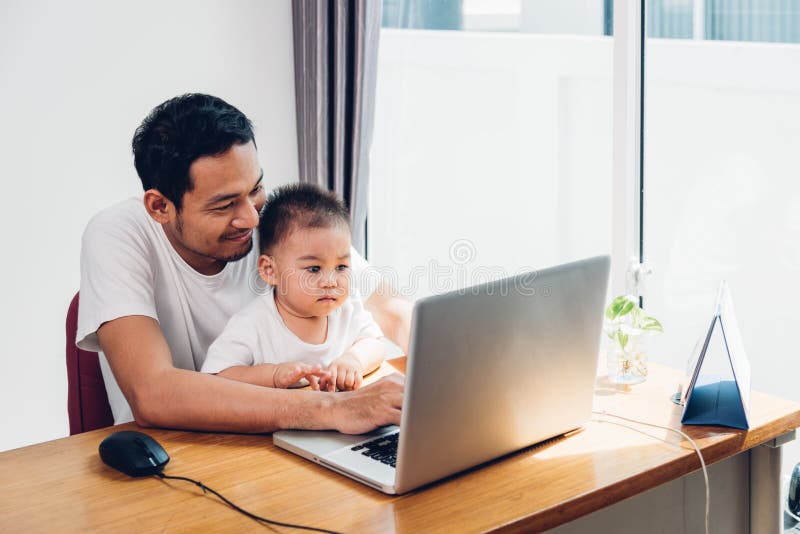 Man Father Using Working on Laptop Computer Stock Photo - Image of ...