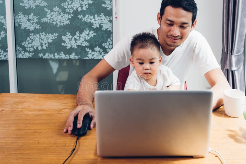 Man Father Using Working on Laptop Computer Stock Image - Image of ...