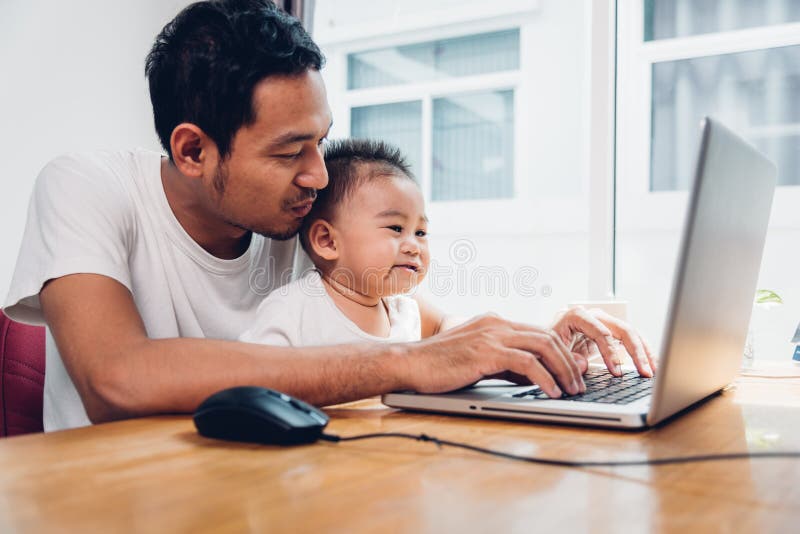 Man Father Using Working on Laptop Computer Stock Photo - Image of home ...