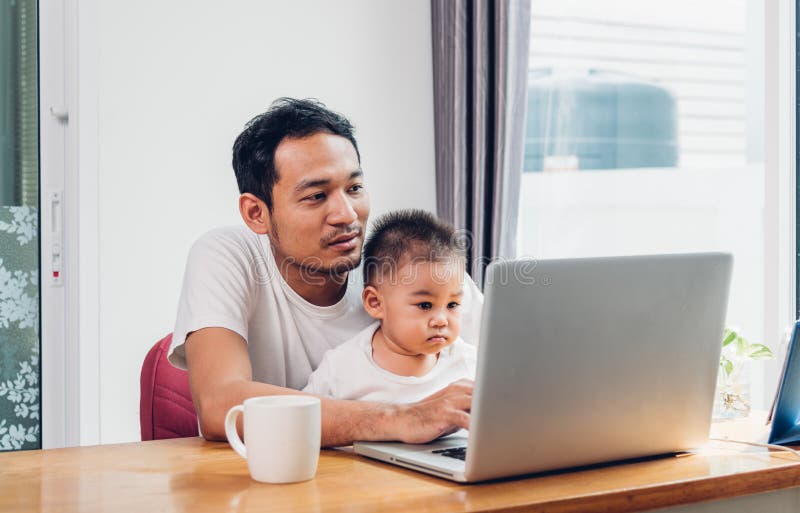 Man Father Using Working on Laptop Computer Stock Photo - Image of ...