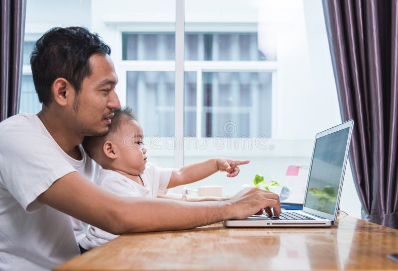 Man Father Using Working on Laptop Computer Stock Image - Image of ...