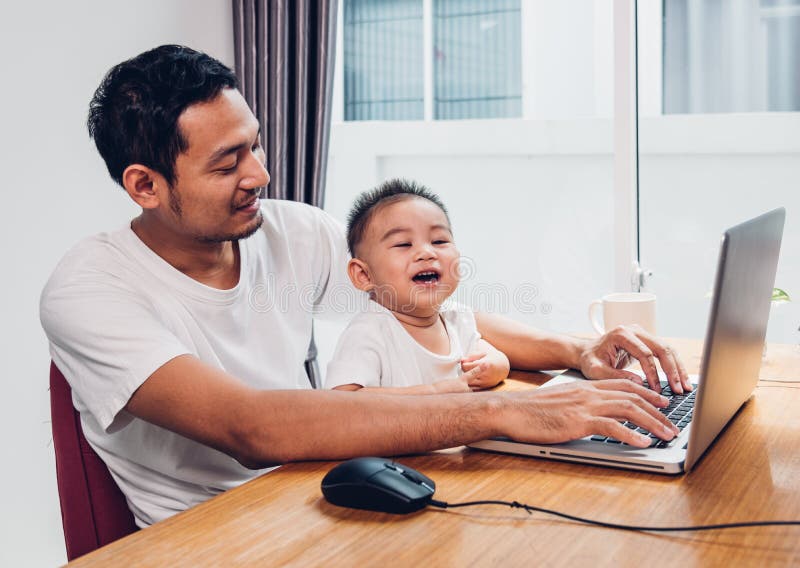 Man Father Using Working on Laptop Computer Stock Image - Image of ...