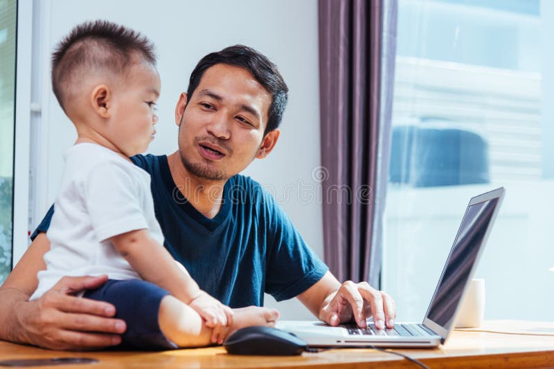 Man Father Working on Laptop Computer Stock Image - Image of kissing ...