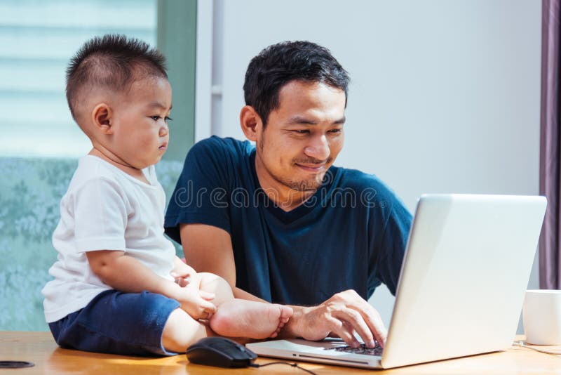 Man Father Working on Laptop Computer Stock Photo - Image of baby, home ...