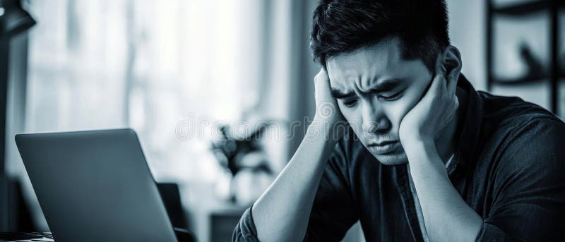 Man Feels Overwhelmed Working at Computer, Concept Theme of Stress ...