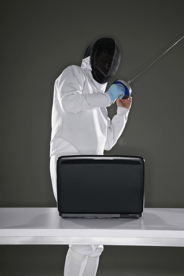 Man in Fencing Suit Moving Away from Laptop Stock Image - Image of hold ...