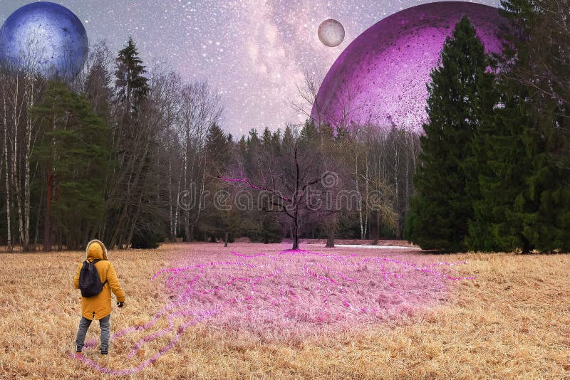 Man in a Field in Space Fiction Magic Tree Parade of the Planets Stock ...