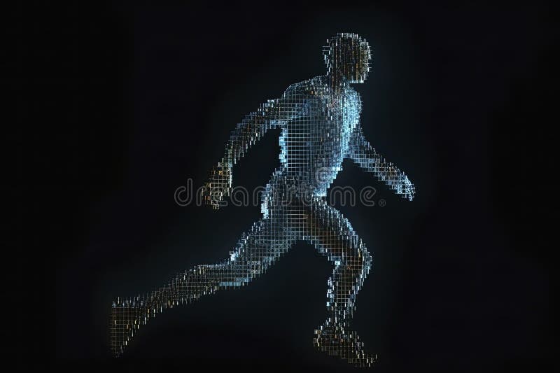 Man Figure Consisting of Glowing Pixels Runs through Darkness Stock ...