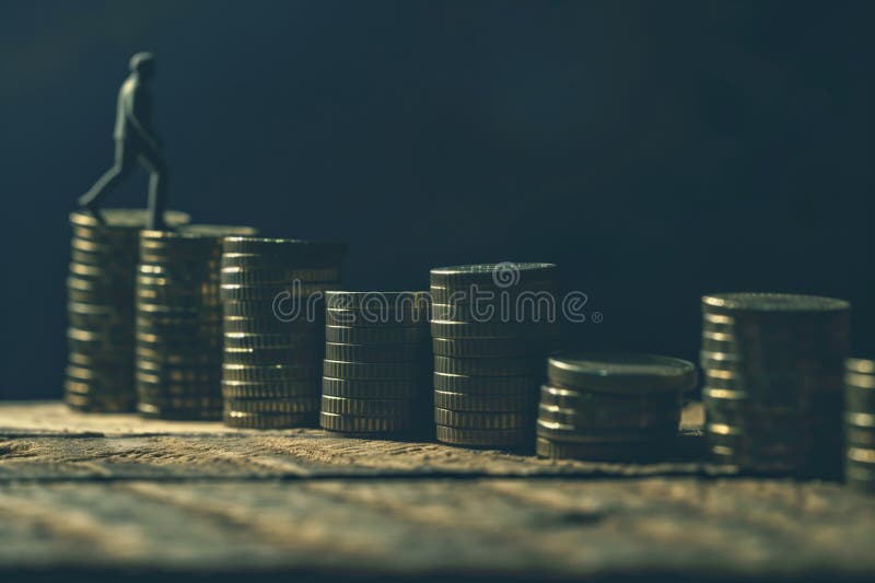 A Man Figure Walking on the Stack of Coins. Investment and Wealth ...