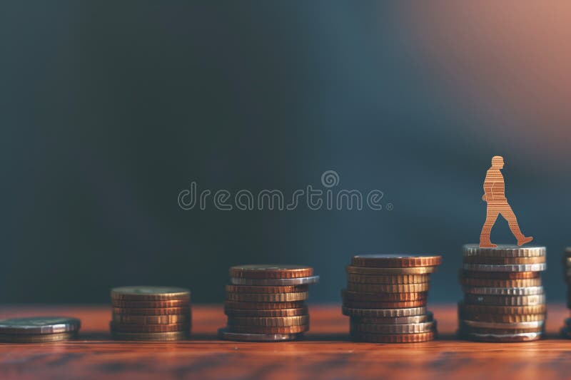 A Man Figure Walking on the Stack of Coins. Investment and Wealth ...