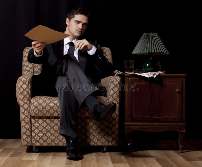 Man with File Sitting in Vintage Armchair Stock Image - Image of bossy ...