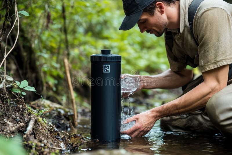 Man Filling Water Bottle from Stream in Forest Stock Illustration ...