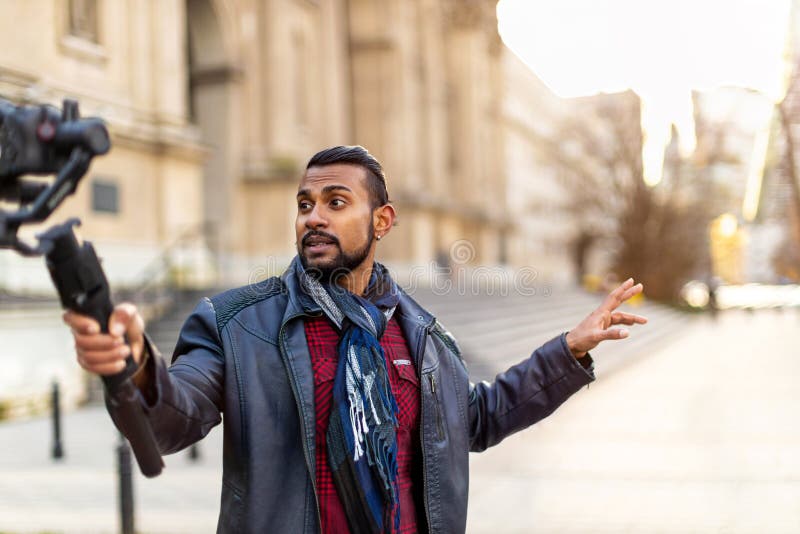 Man Filming a Vlog with Camera in the City Stock Photo - Image of happy ...