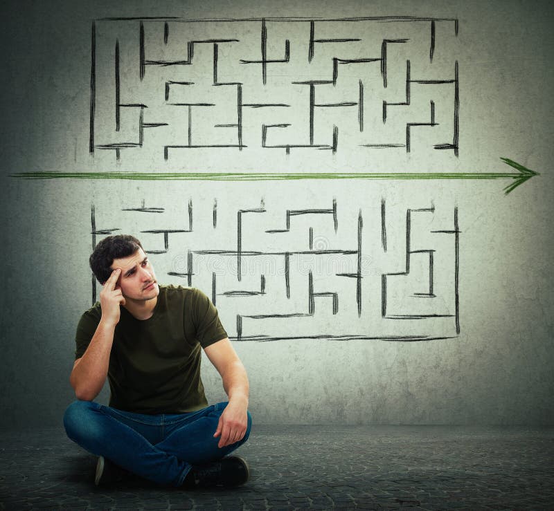 Man Find a Solution To Solve Problem and Escape from Labyrinth Stock ...