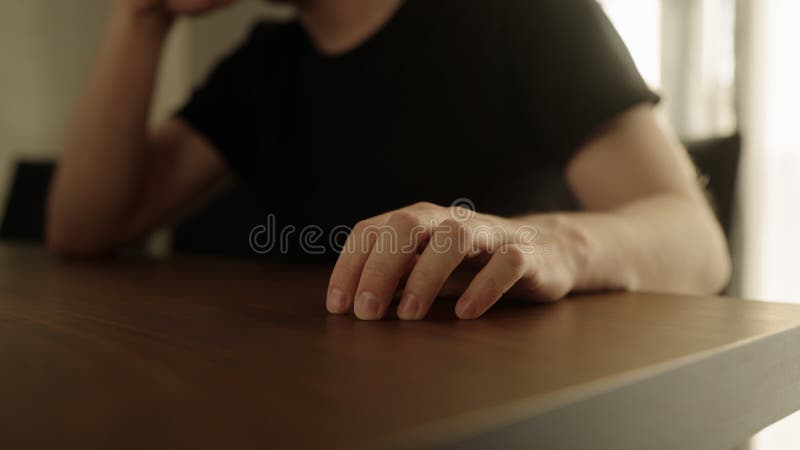 Man Finger Tap on Walnut Wood Table Indoor Stock Image - Image of ...