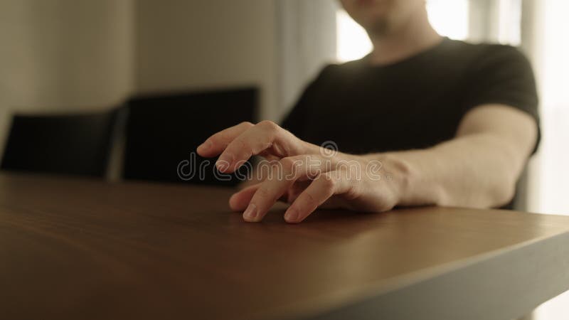 Man Finger Tap on Walnut Wood Table Indoor Stock Image - Image of ...