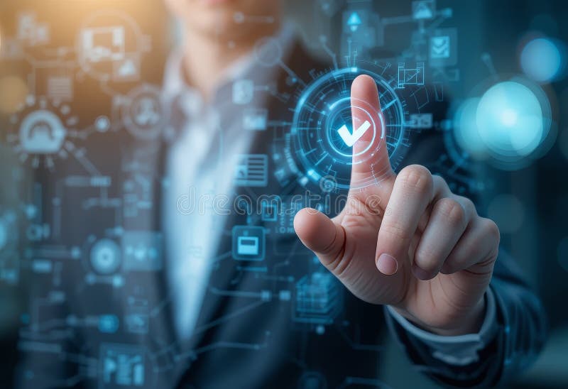 Man Finger Touch Check Mark, Digital Documents and Files Hologram ...