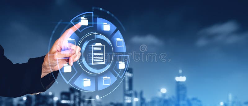 Man Finger Touch Document Management System Hologram and City Skyline ...