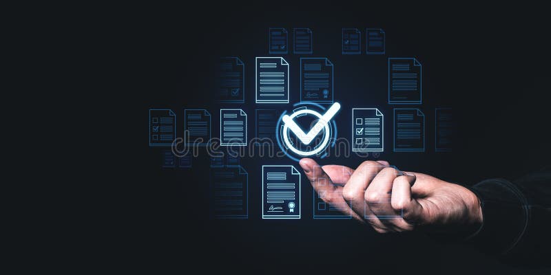 Man Finger Touch Document Management System Hologram with Files and ...