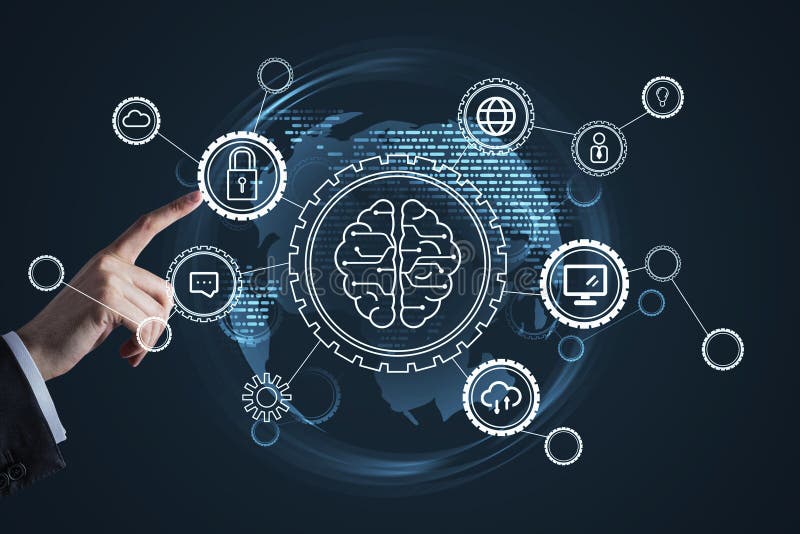 Man Finger Touch Hud of Brain with Network Signs Stock Illustration ...